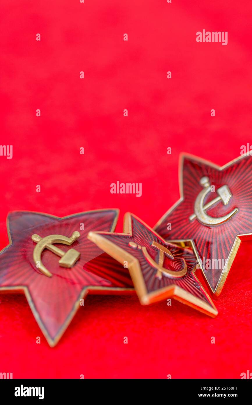 Close shot of Soviet Hammer and Sickle cap badge / Soviet army insignia ...
