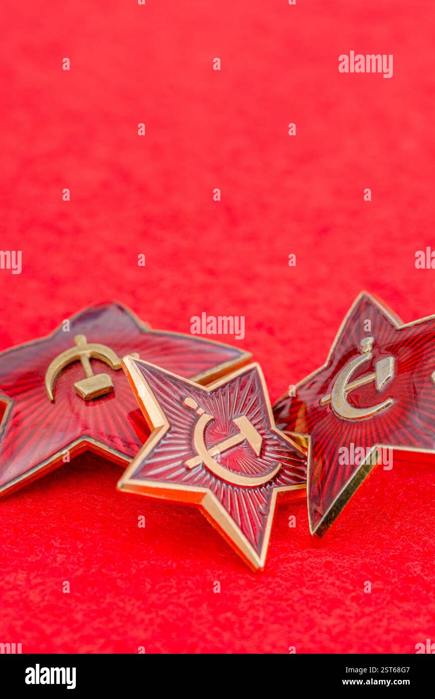 Close shot of Soviet Hammer and Sickle cap badge / Soviet army insignia ...