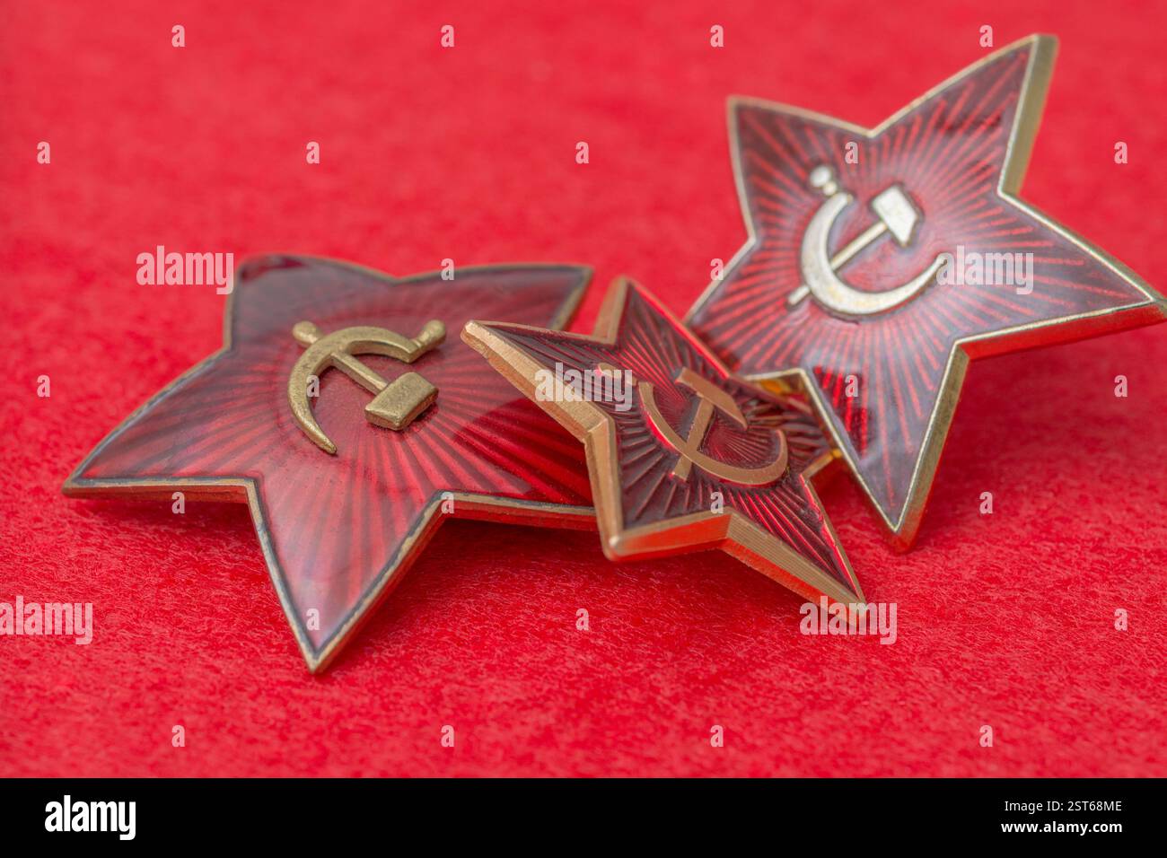 Close shot of Soviet Hammer and Sickle cap badge / Soviet army insignia ...
