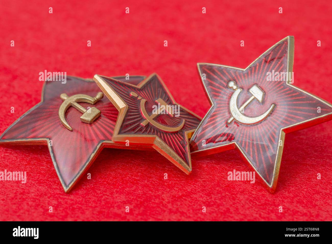 Close shot of Soviet Hammer and Sickle cap badge / Soviet army insignia ...