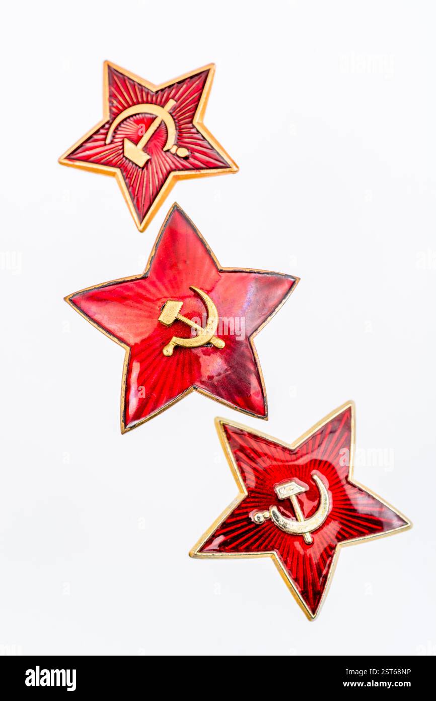 Close shot of Soviet Hammer and Sickle cap badge / Soviet army insignia ...