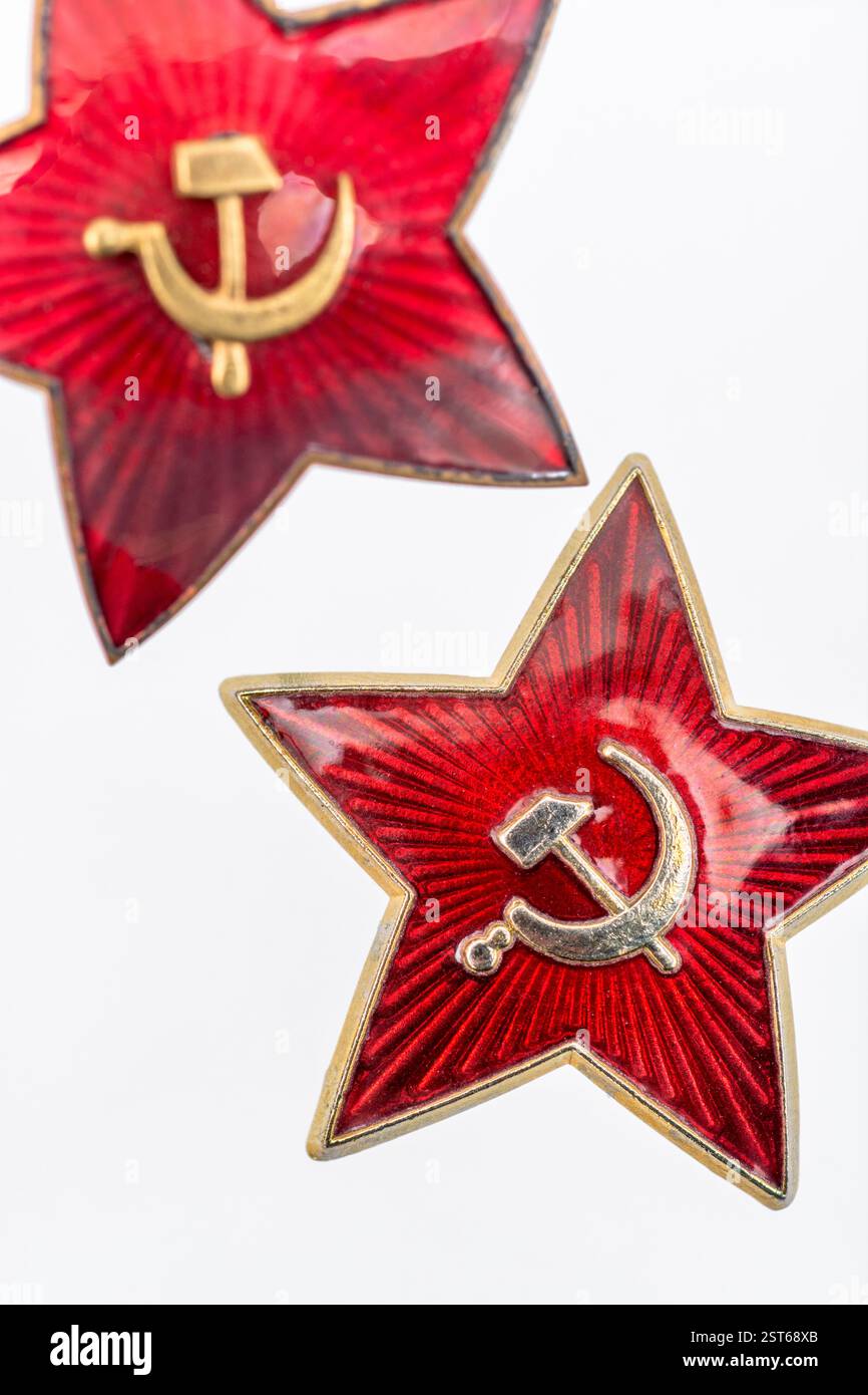 Close shot of Soviet Hammer and Sickle cap badge / Soviet army insignia ...