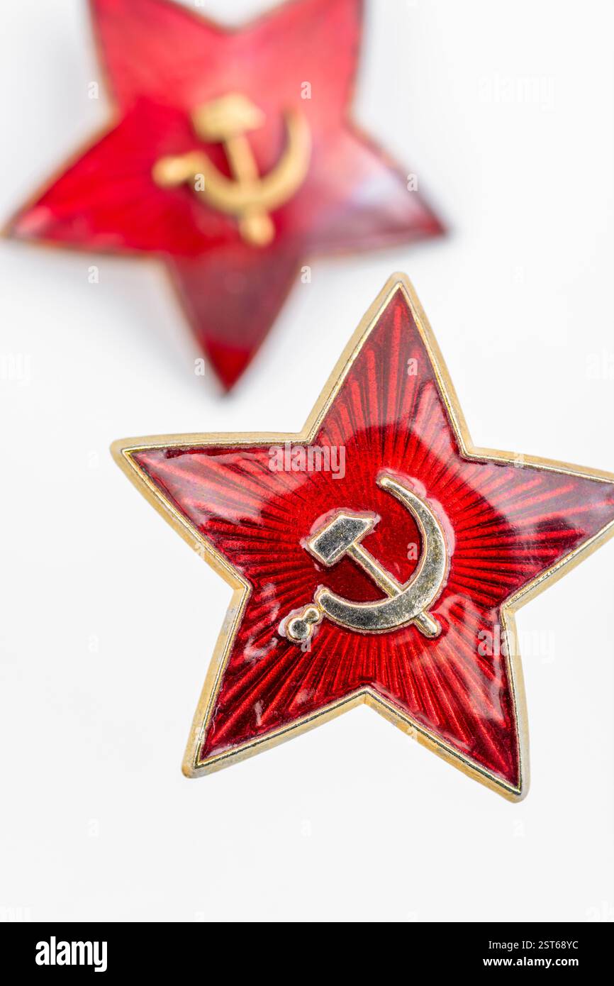 Close shot of Soviet Hammer and Sickle cap badge / Soviet army insignia ...