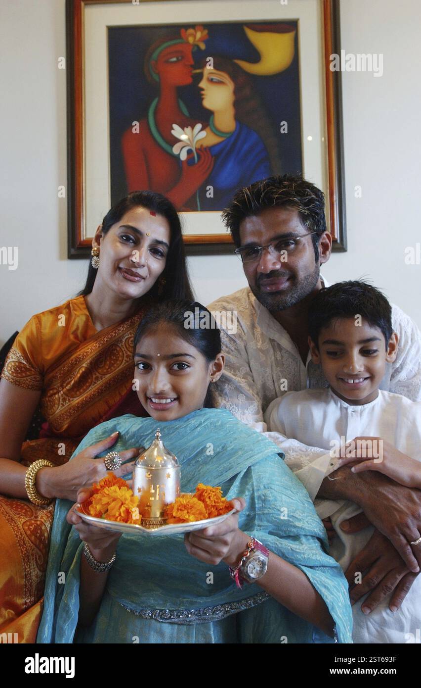 Indian bollywood film actor sunil shetty with family NO MR Stock Photo ...