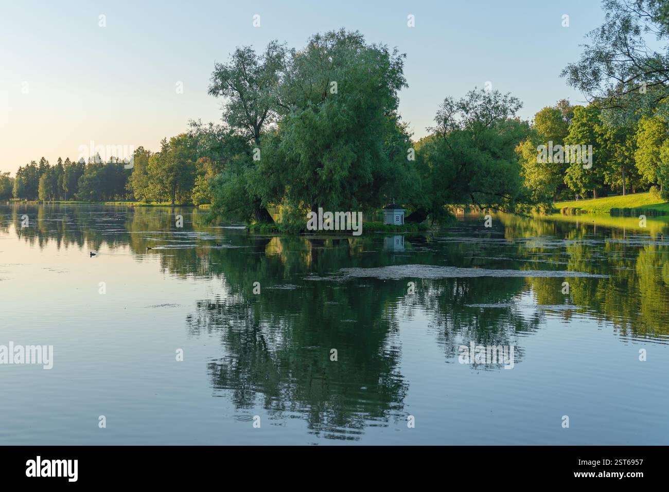 A small island with a duck house. Pond of the Gatchina Palace Park ...