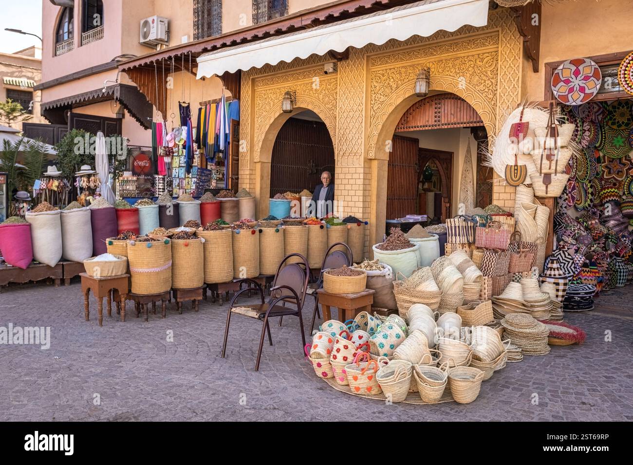 Traditional market street at old town medina in the heart of Marrakesh ...