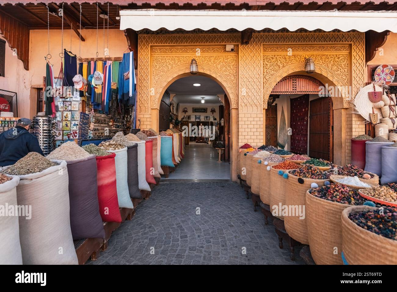 Traditional market street at old town medina in the heart of Marrakesh ...