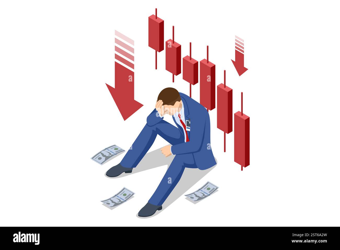 Isometric illustration of a distressed trader sitting on the ground ...