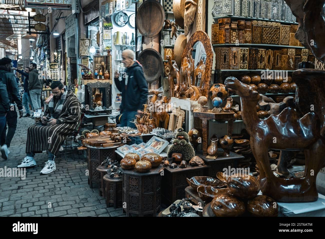 Traditional market street at old town medina in the heart of Marrakesh ...