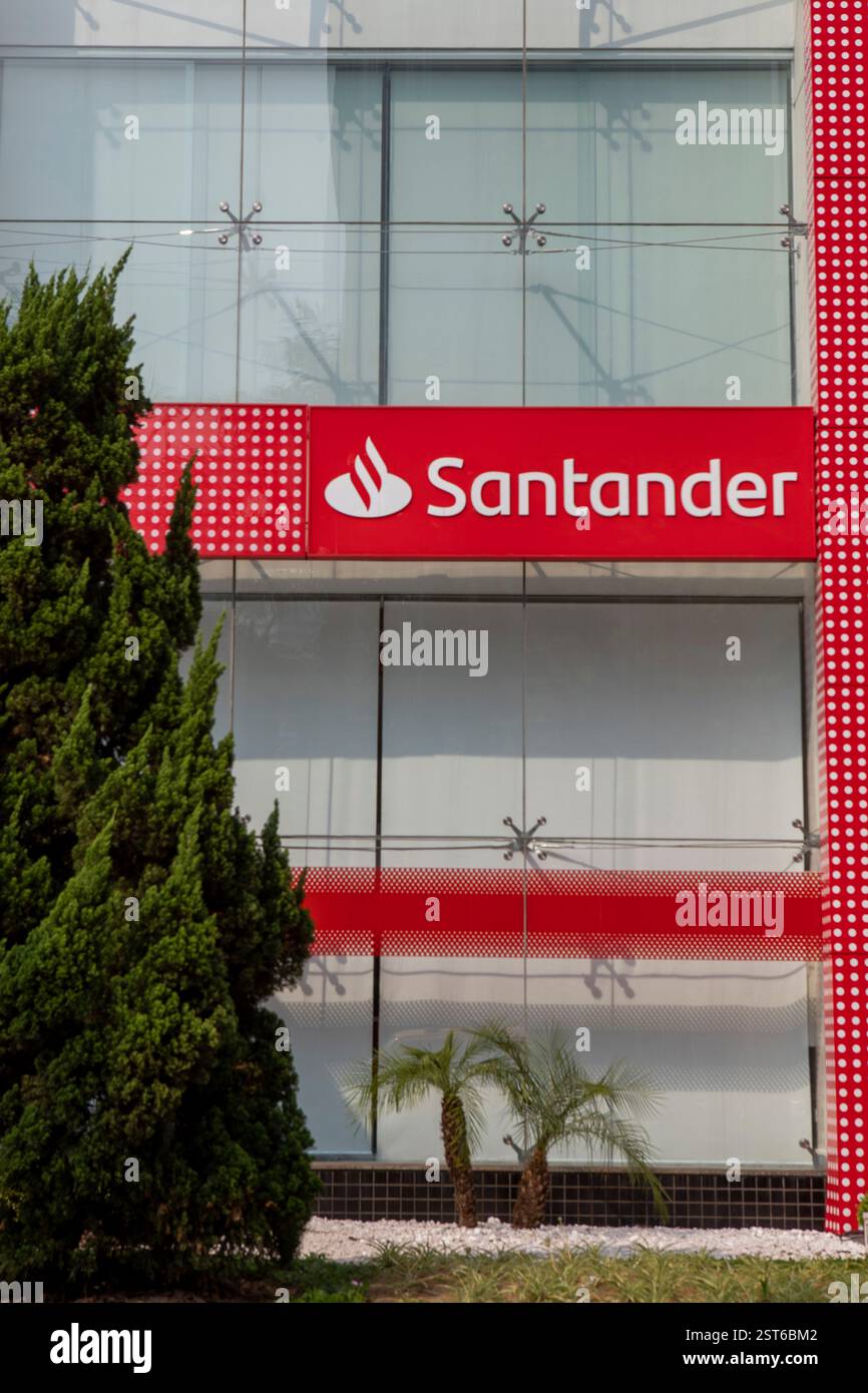 Sao Paulo, Brazil - september 19 2020 - Logo and facade of Santander, a ...