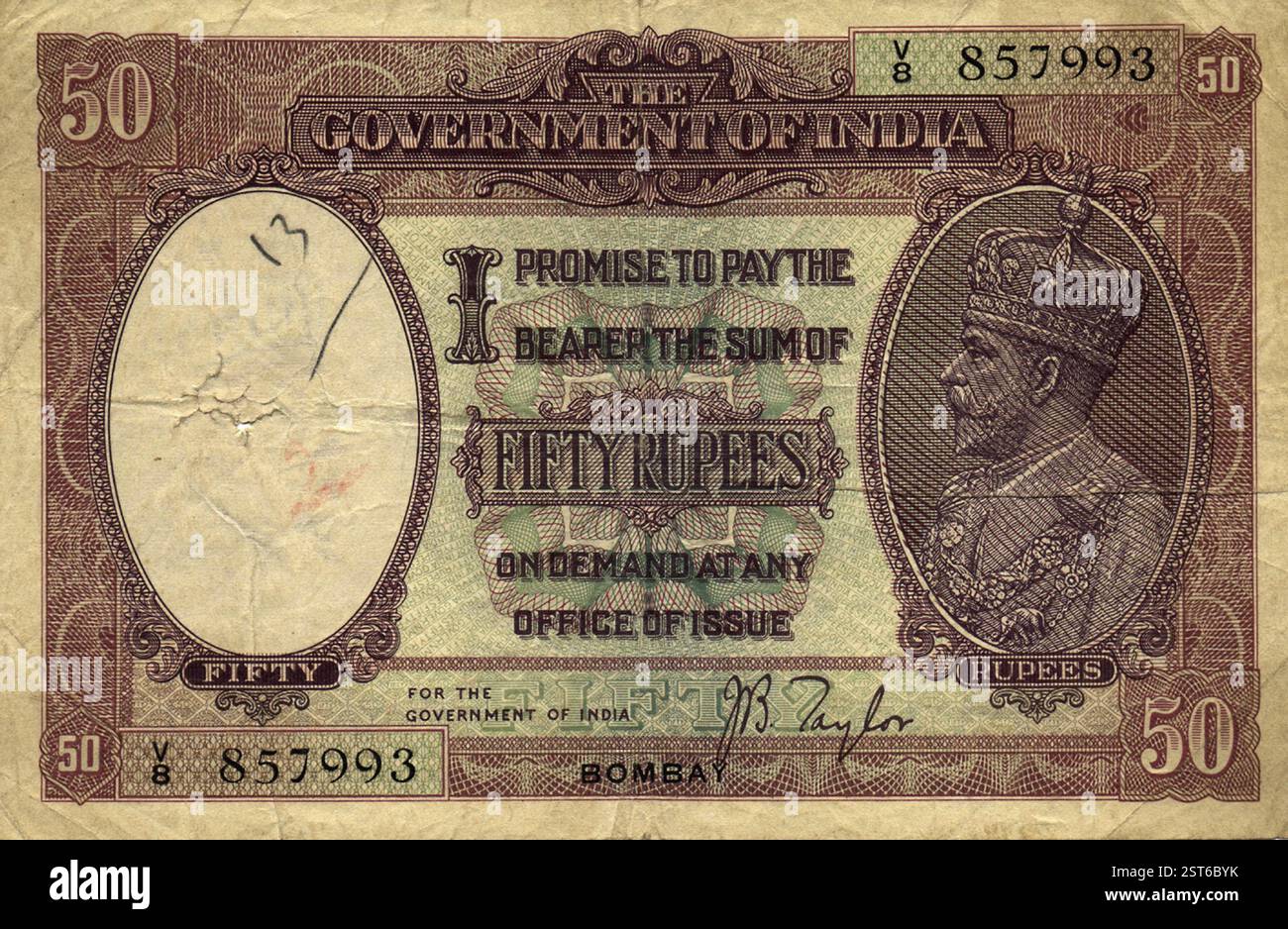 Rupees 50, 1930, British India, Issued at Bombay circle with the portrait of King George V ...