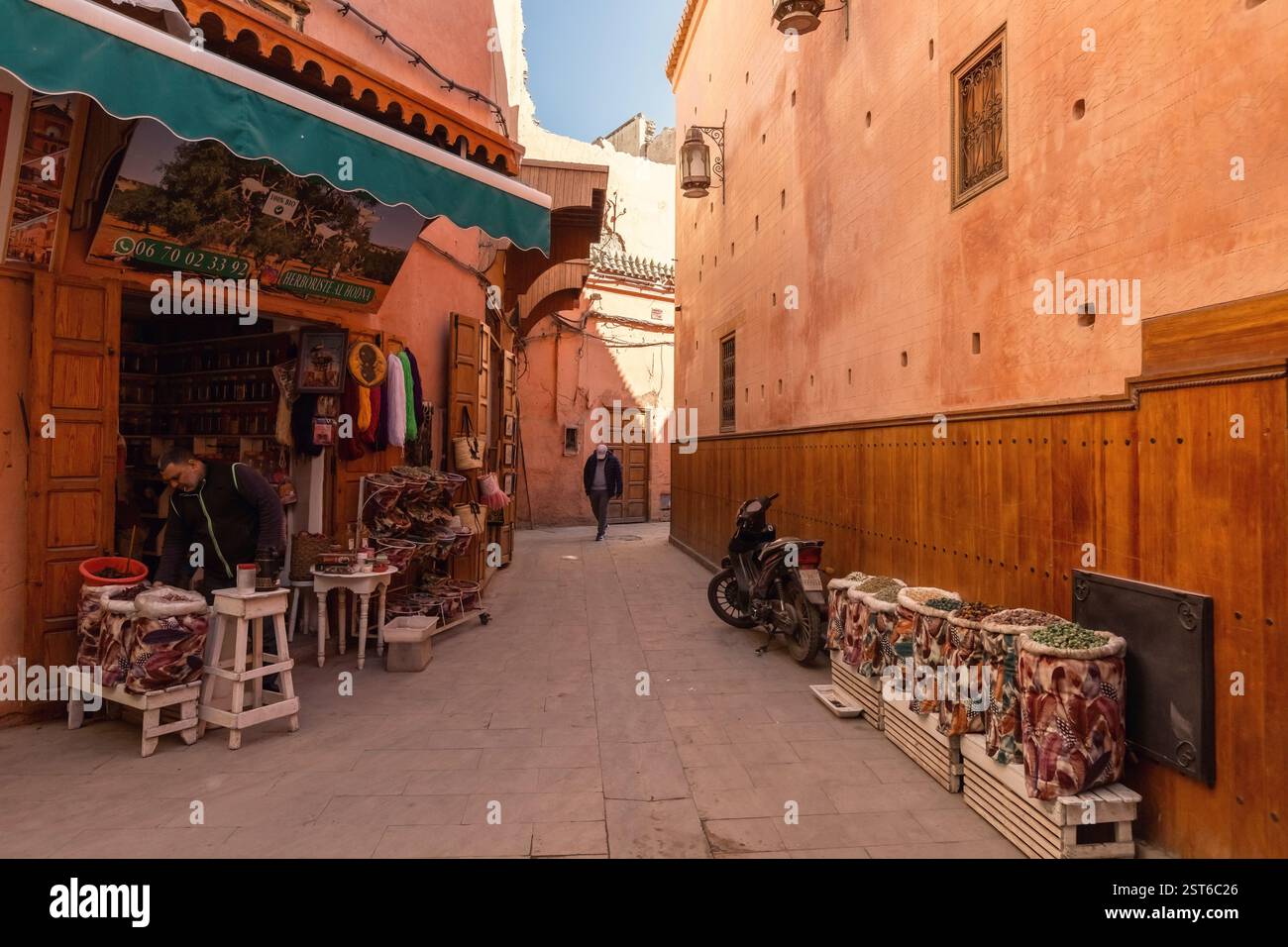 Street view of the old town Medina in Marrakesh houses and narrow ...