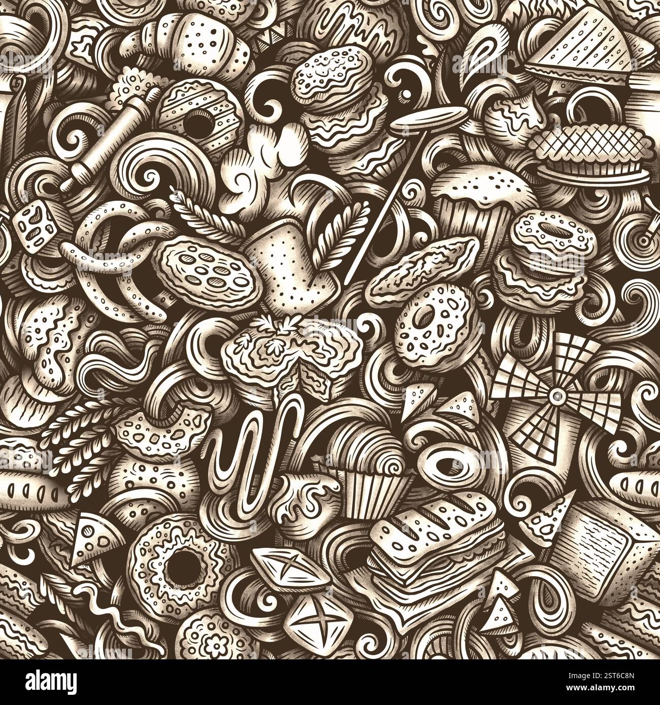 Graphics doodle bakery seamless pattern Stock Photo - Alamy
