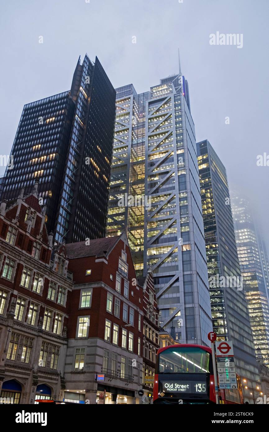 Skyscrapers tall buildings towers lit up on Bishopsgate near Liverpool ...