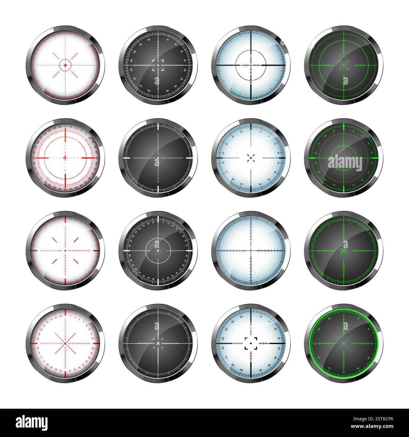 Chrome weapon sights, sniper rifle optical scopes. Hunting gun viewfinder with crosshair. Aim ...