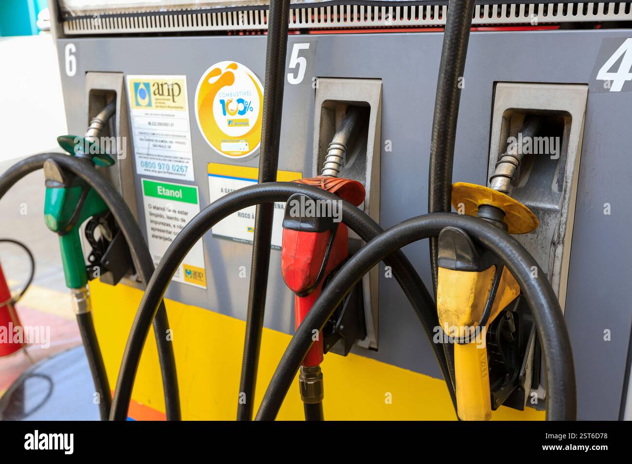 Sao Paulo, Brazil - Jan 21 2020: Closeup of gas pumps of ethanol and common gasoline in a gas ...