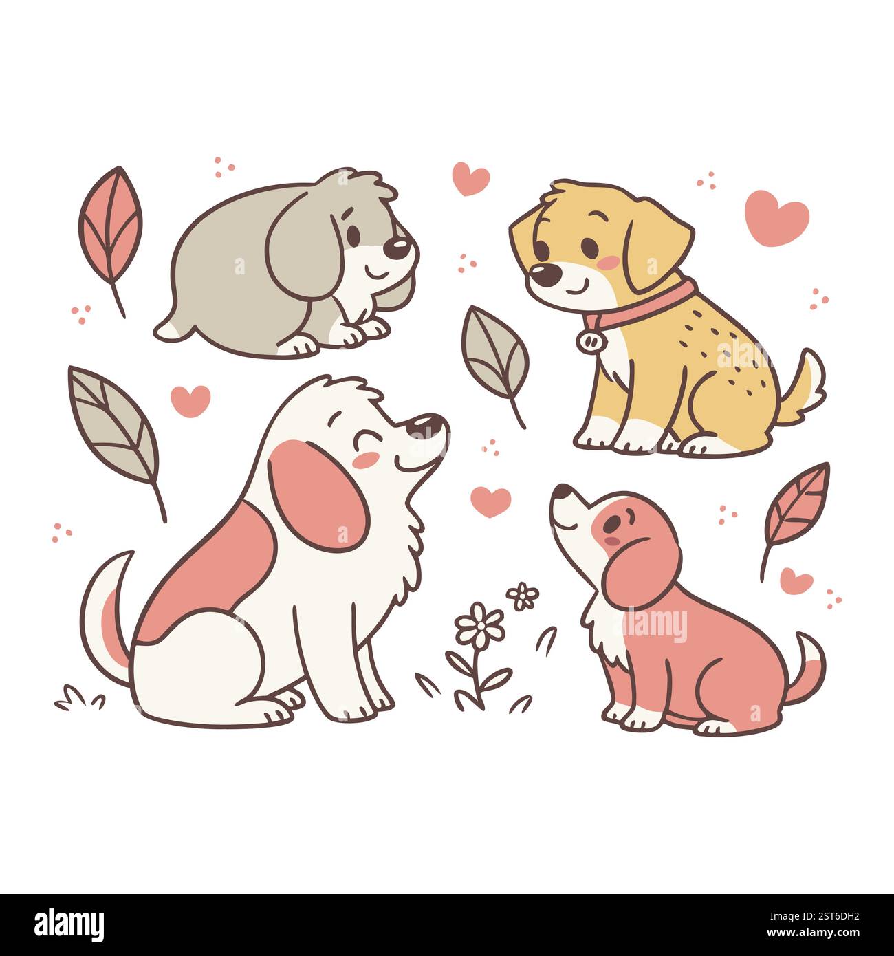Cute Cartoon Dogs with Hearts and Leaves Illustration Stock Vector Image & Art - Alamy
