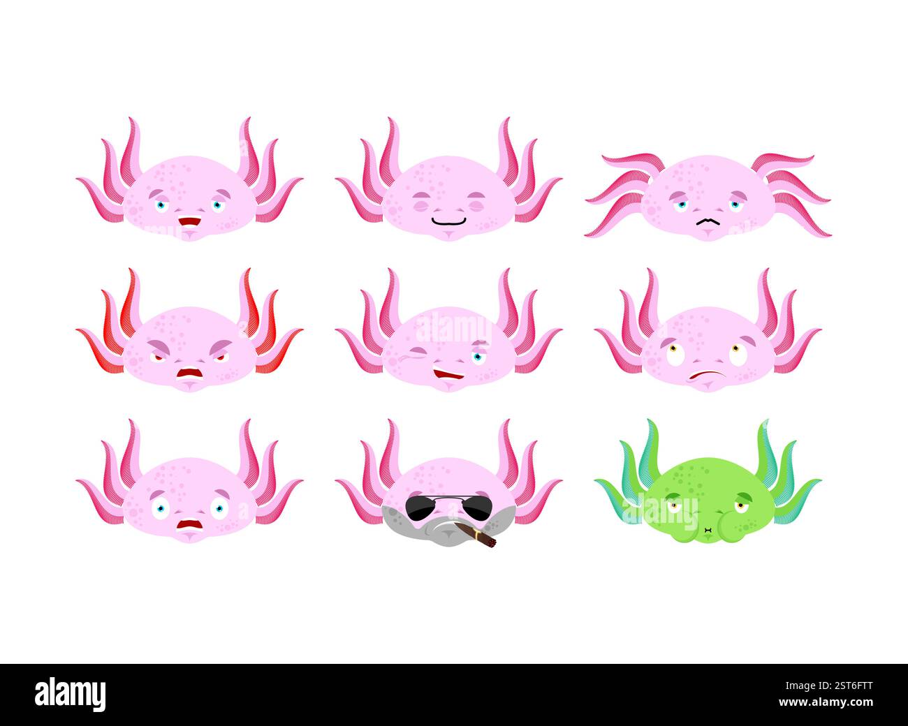 Axolotl set emoji avatar. sad and angry face. guilty and sleeping ...