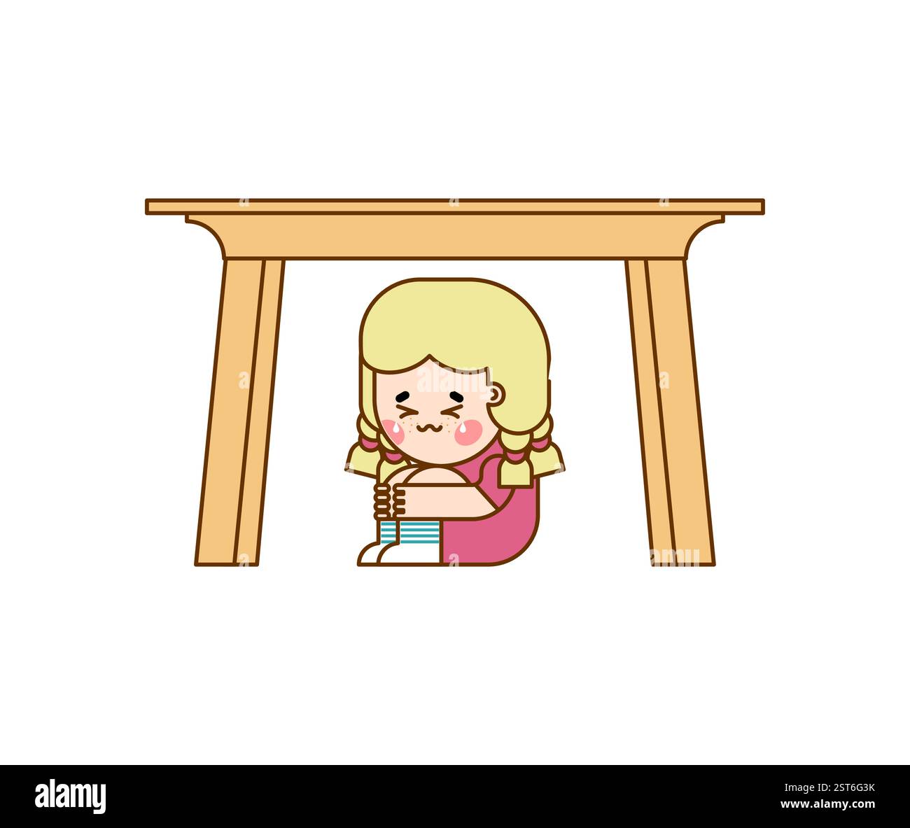 Girl hiding under table. Child sitting under table and afraid. Concept ...
