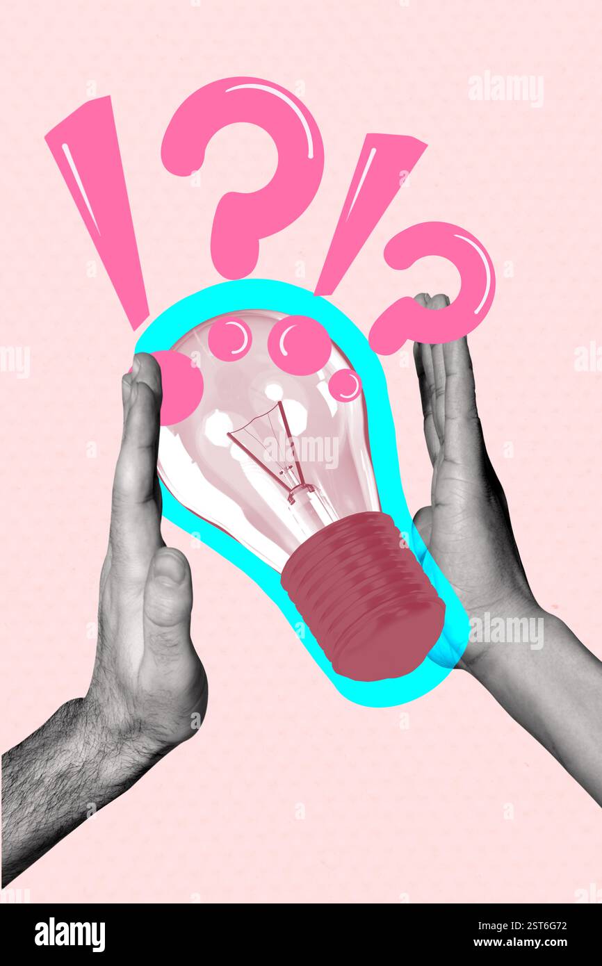 Vertical art image photo collage of hands hold light bulb spark ...