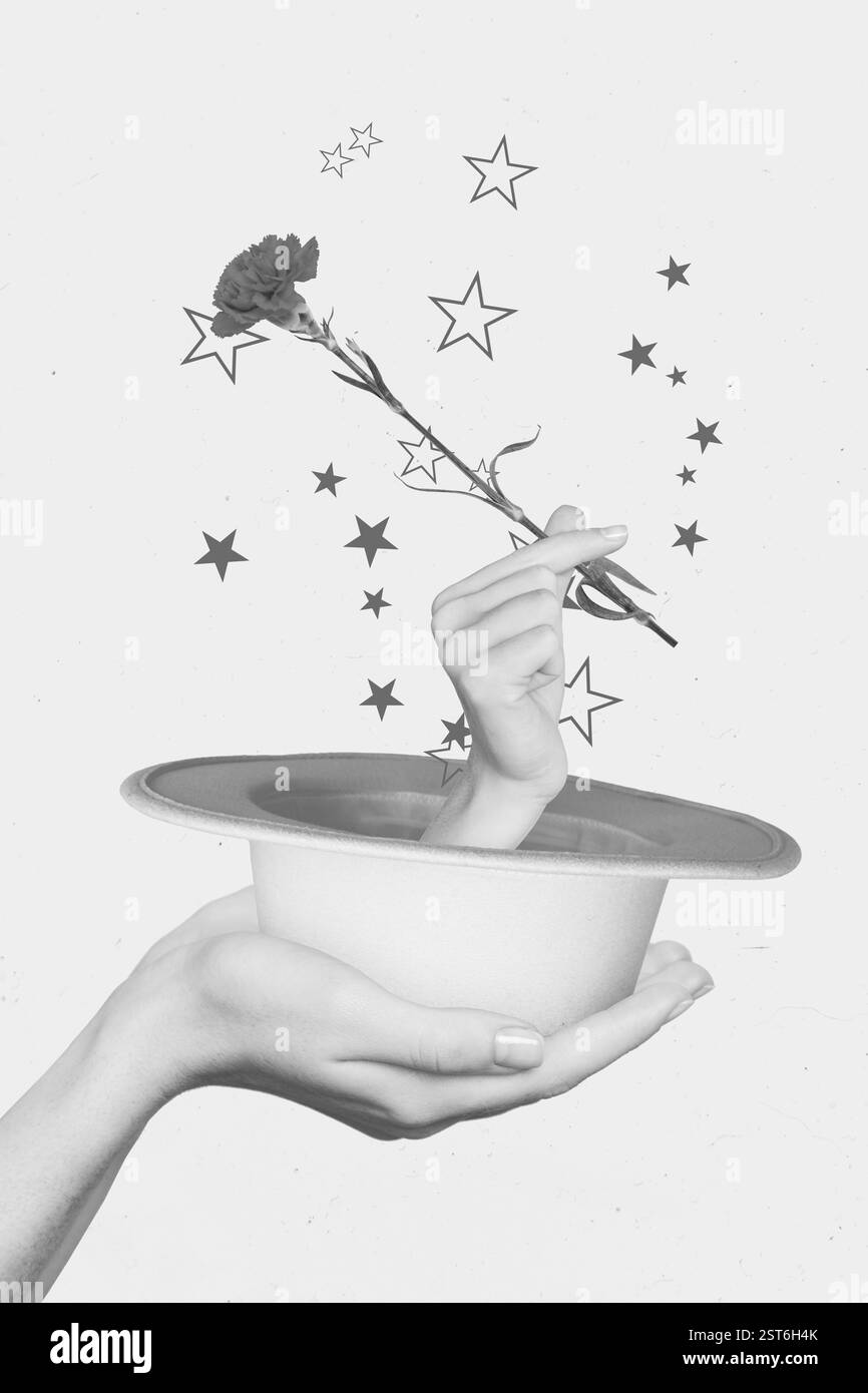 Collage 3d image of pinup pop retro sketch of hands holding cap mystery ...