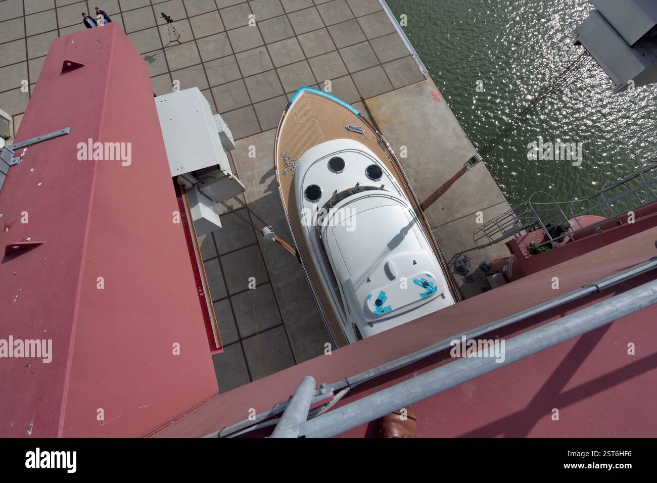 At the shipyard. Blue yacht ready for launch at the yard. Shipbuilding ...