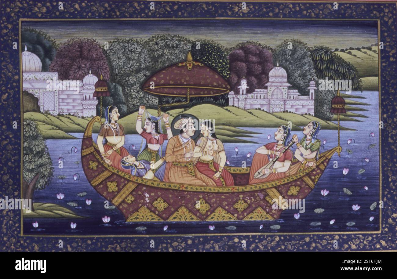 Mughal Miniature Painting on paper, King Love Scene and enjoying music ...