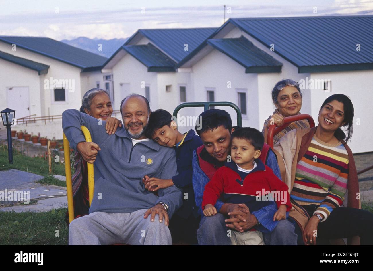 Urban Indian Family of seven on holiday at Koti near Simla, Himachal Pradesh, India, model ...