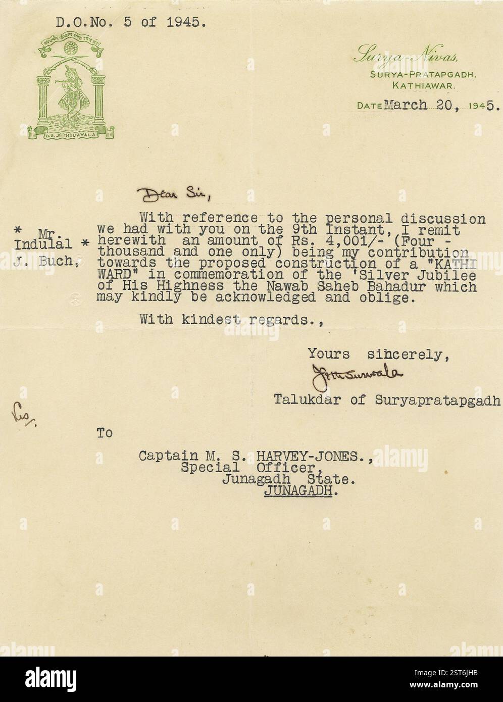 Letter head with royal seal or Coat of Arms 20/iii/1945, Surya ...
