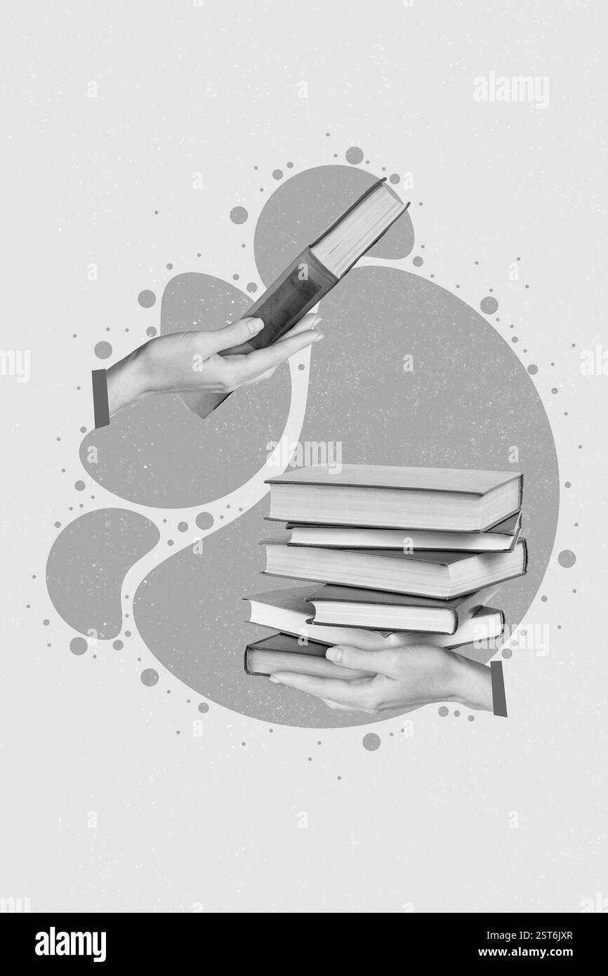 Vertical collage image of two black white arms hold pile stack book ...