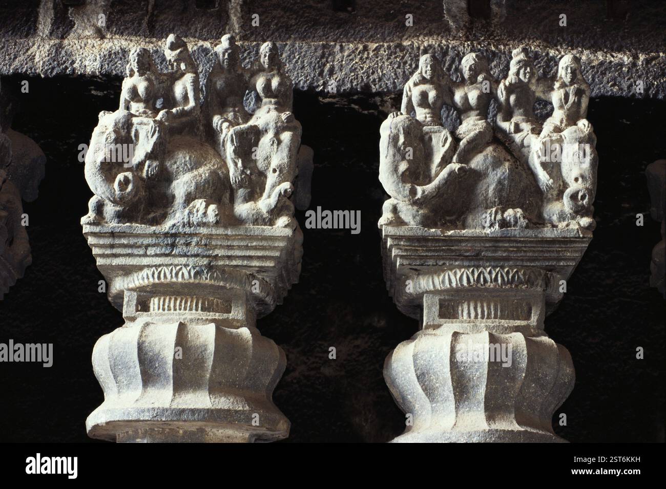 Richly carved Human figures on pillars of Chaitya hall, Karla Caves ...
