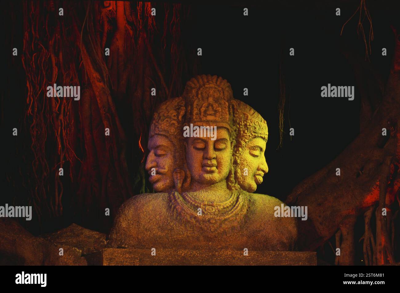 Illuminated model of three headed god Shiva, Elephanta cave, Garapuri ...