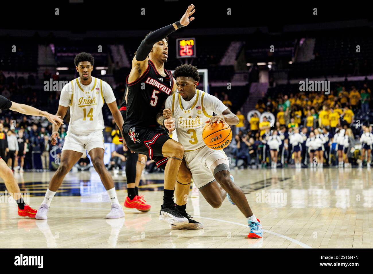February 16, 2025: Notre Dame guard Markus Burton (3) drives to the ...