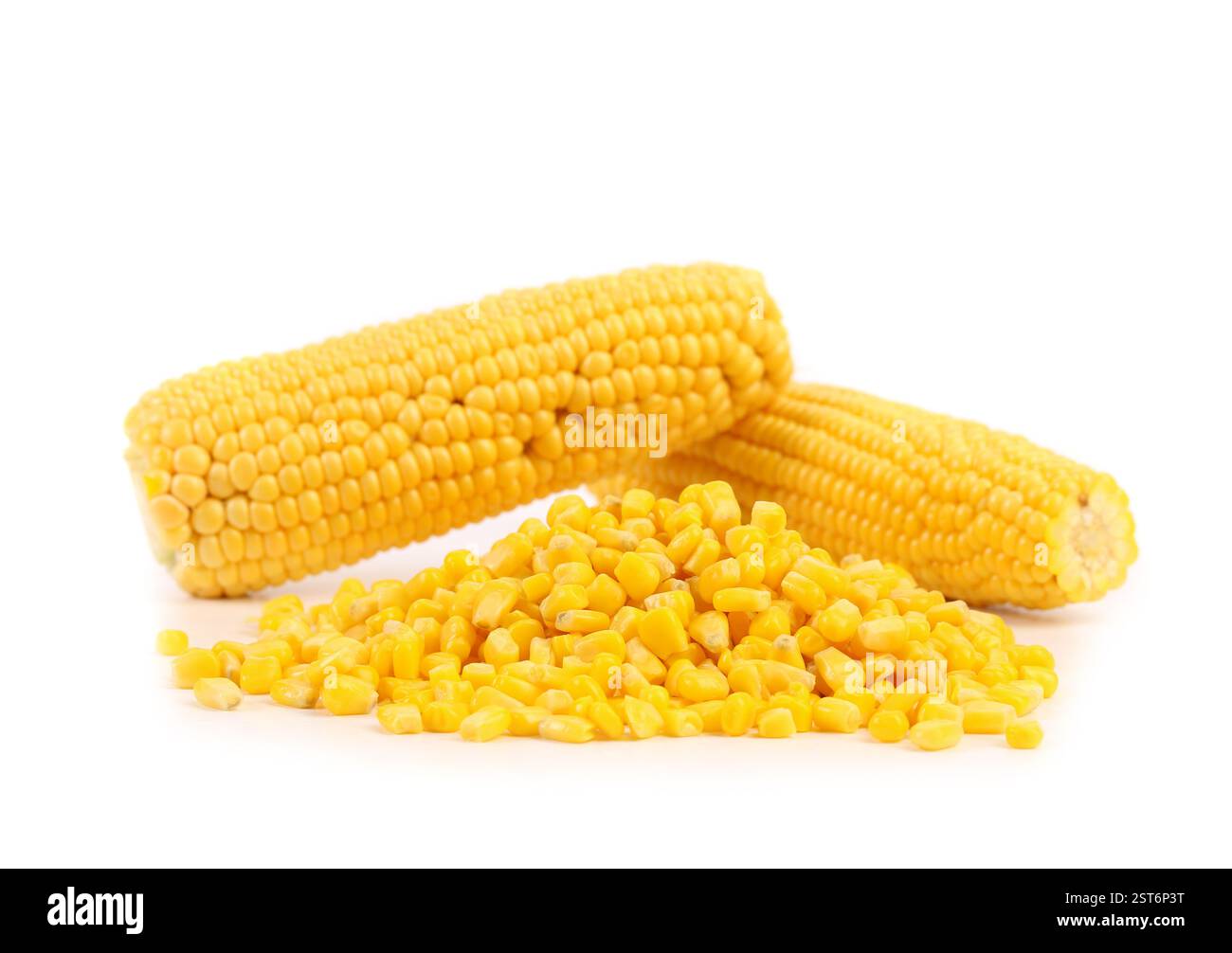Two corncobs and handful canned corns. White background Stock Photo - Alamy