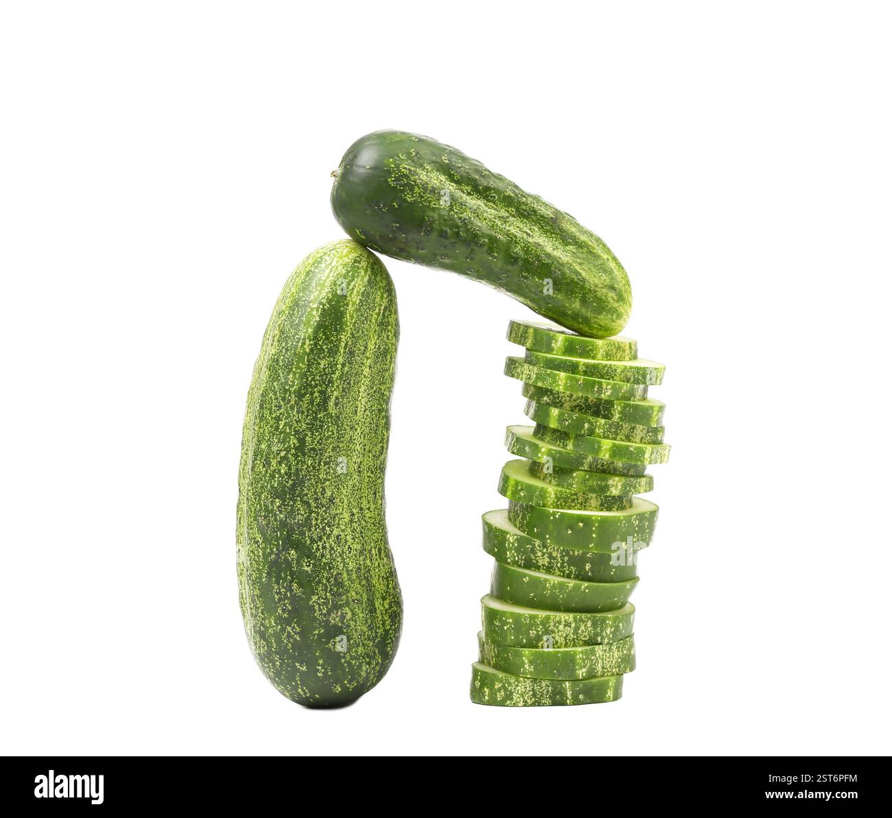 Arch. Cucumbers and stack of slices. White background Stock Photo - Alamy