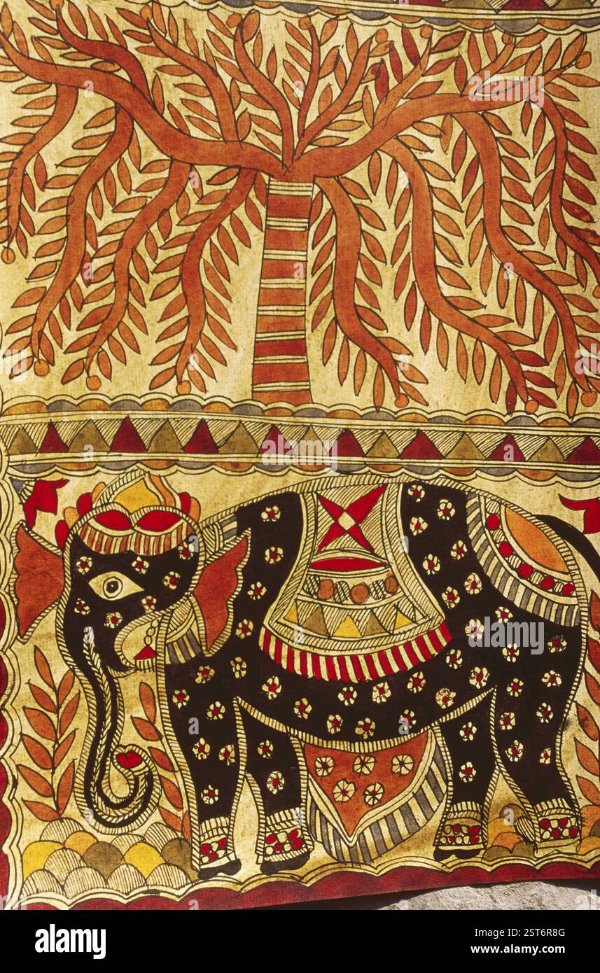 Decorated elephant, madhubani painting by anmola devi, bihar, india ...