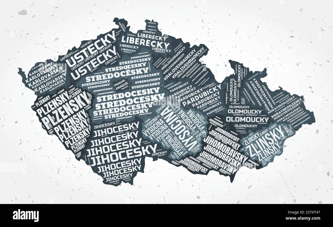 Czechia regions word clouds. Country shape on textured background ...