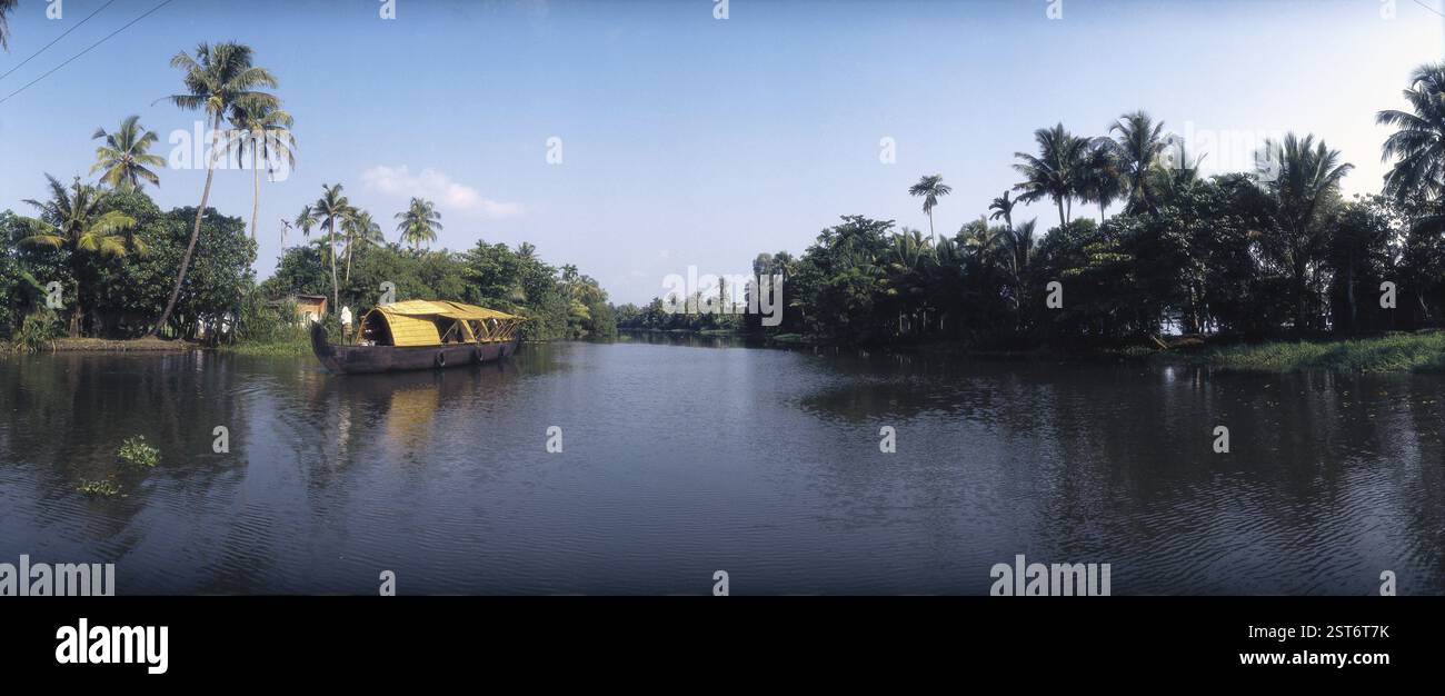 Panaromic Landscape Of Kerala With House Boat, Coconut Trees And Water ...