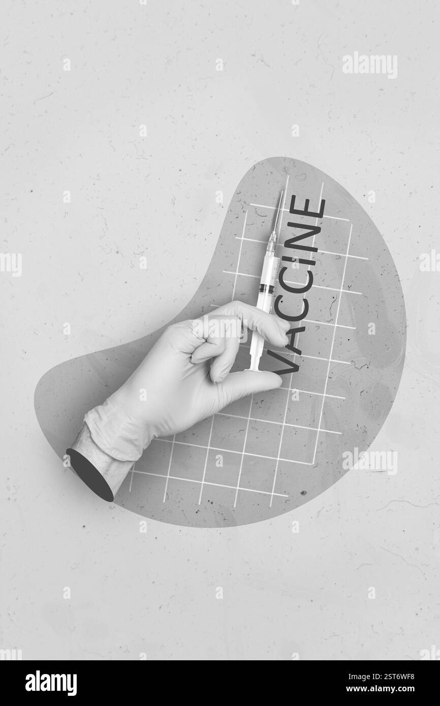 Vertical collage image of arm rubber glove hold syringe vaccine ...