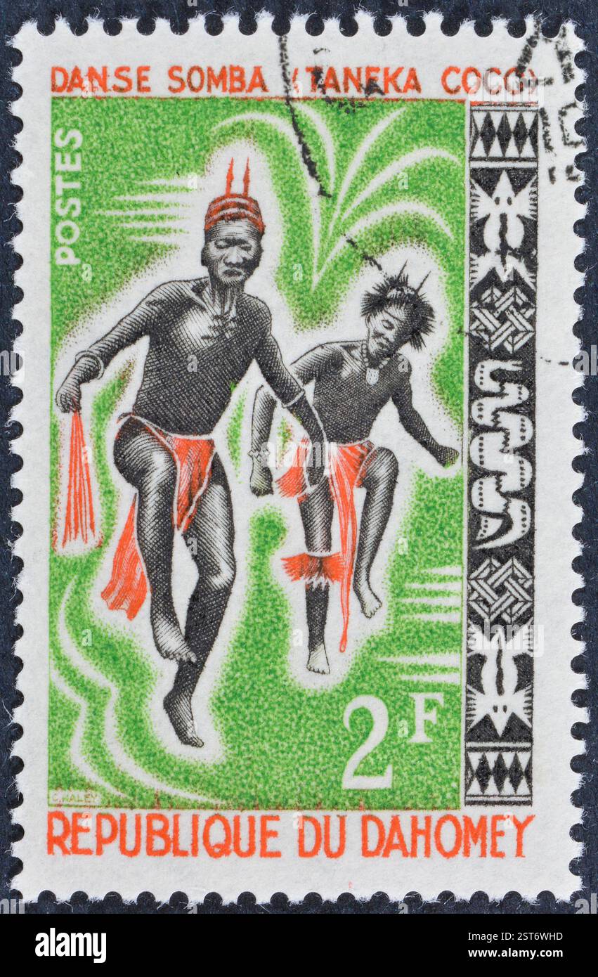 Cancelled postage stamp printed by Dahomey, that shows traditional ...