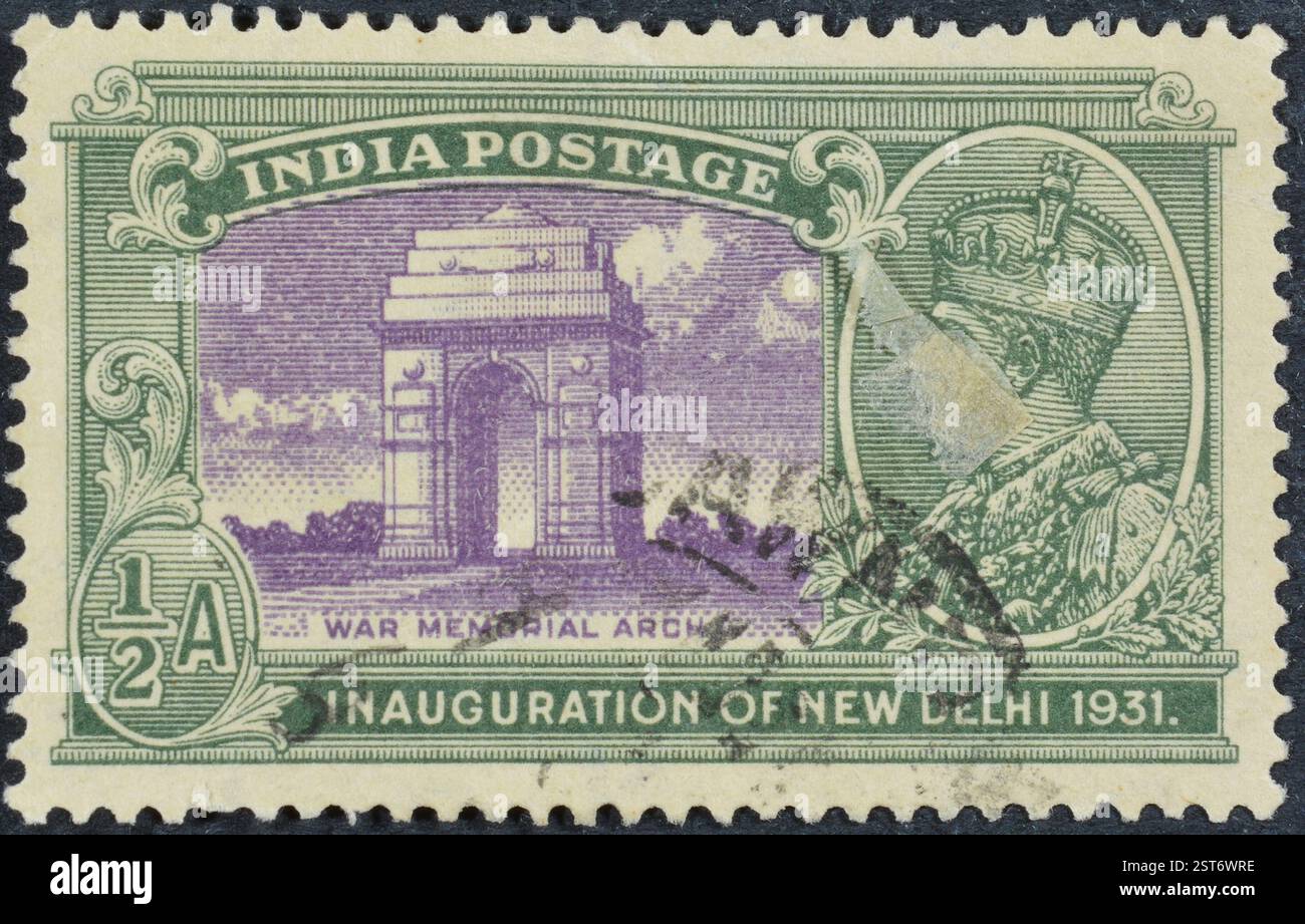 Cancelled postage stamp printed by India, that shows War Memorial Arch ...