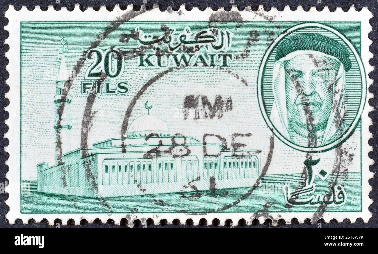 Cancelled postage stamp printed by Kuwait, that shows Mosque and Sheik ...