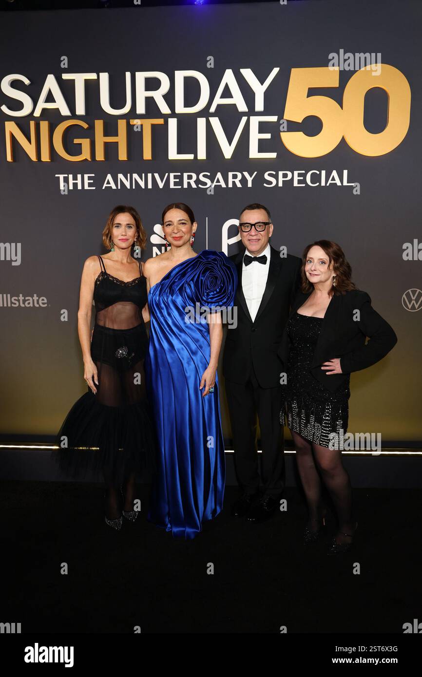 New York, USA. 16th Feb, 2025. SNL50: THE RED CARPET -- Pictured: (l-r) Kristen Wiig, Maya ...