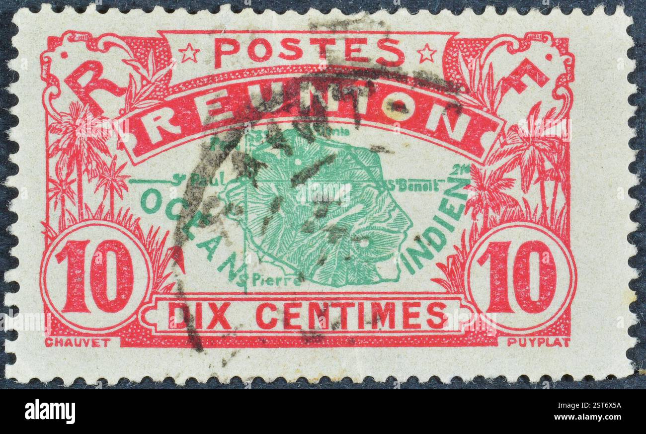Cancelled postage stamp printed by Reunion, that shows Map of La ...