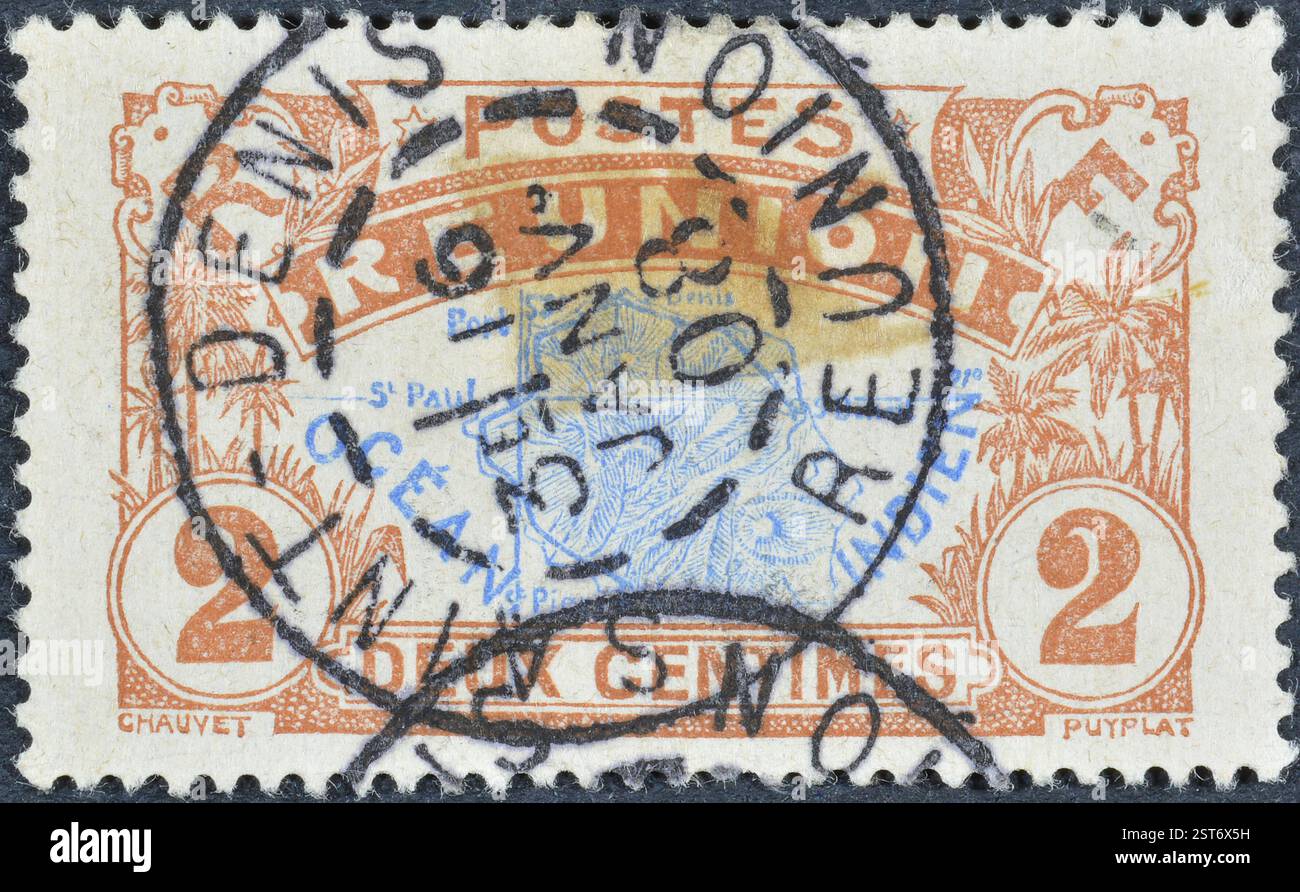 Cancelled postage stamp printed by Reunion, that shows Map of La ...