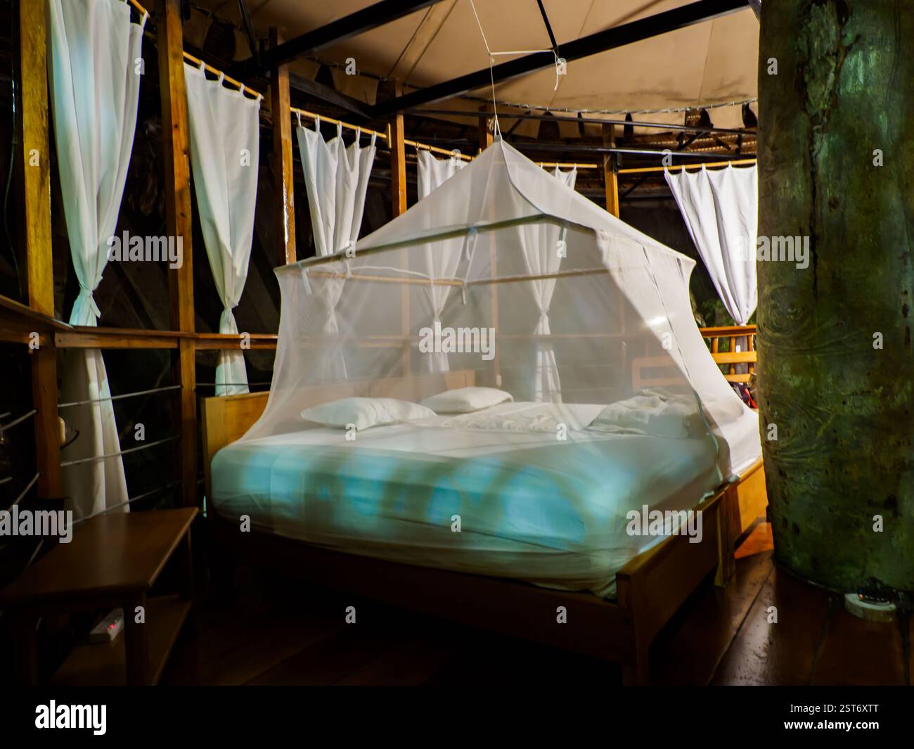 Huge bed with white mosquito net. Glamping accommodation in the Amazon ...