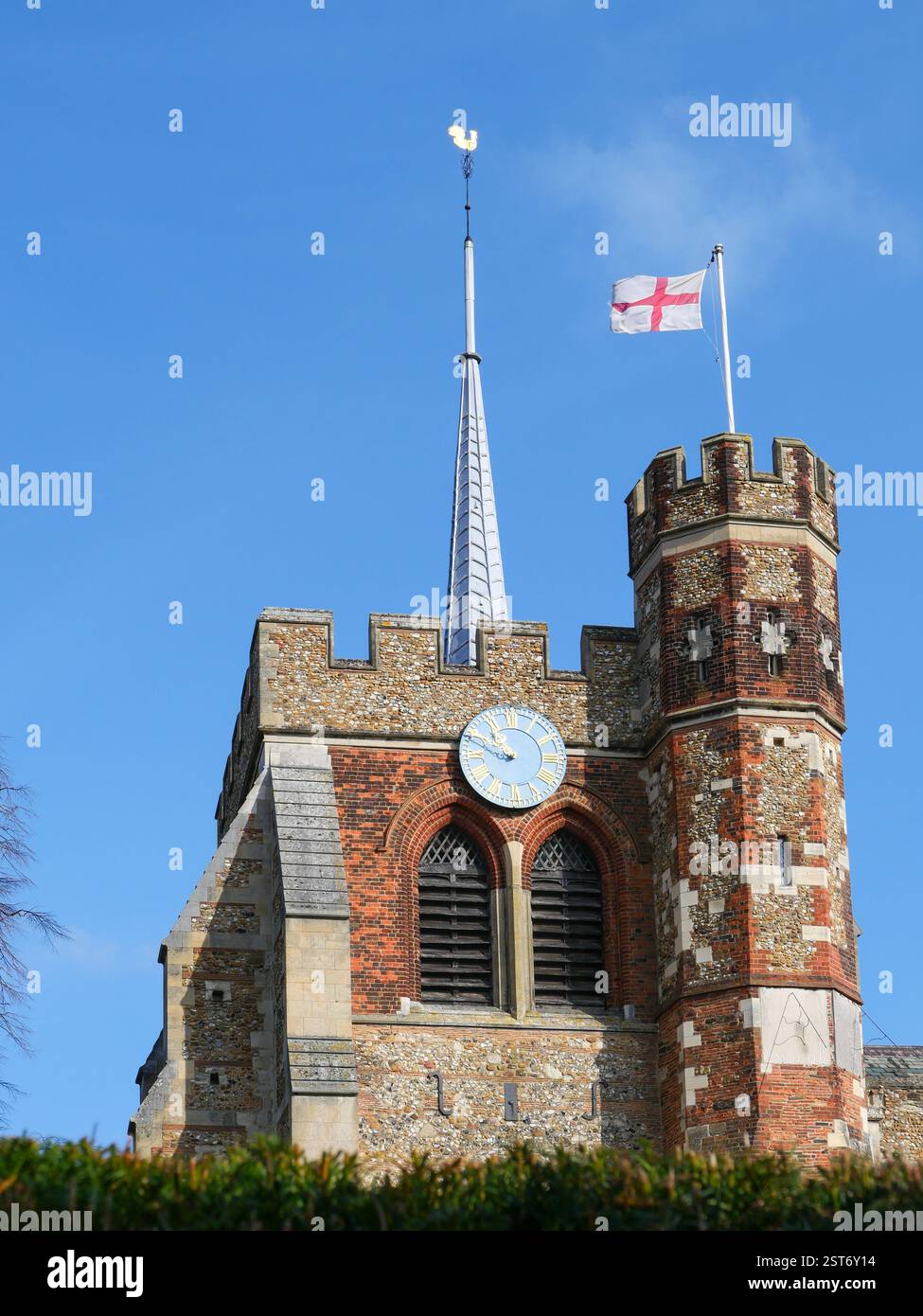 St Mary's Church tower flying St George's flag, Hitchin, Hertfordshire ...