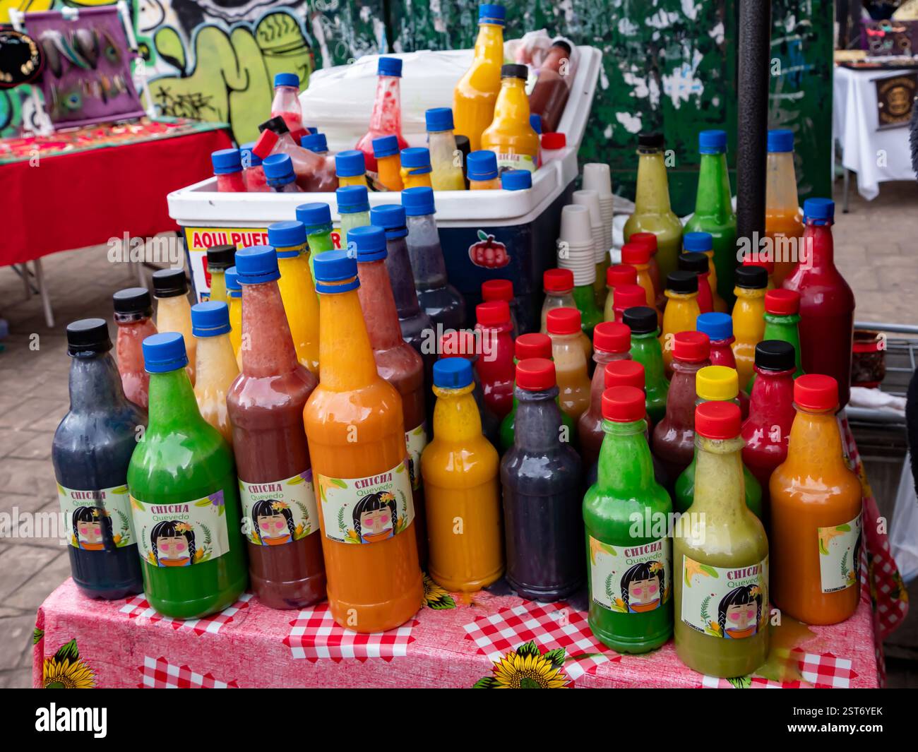 Bogota, Colombia - Dec 11, 2022: Different tastes of chicha beverage ...