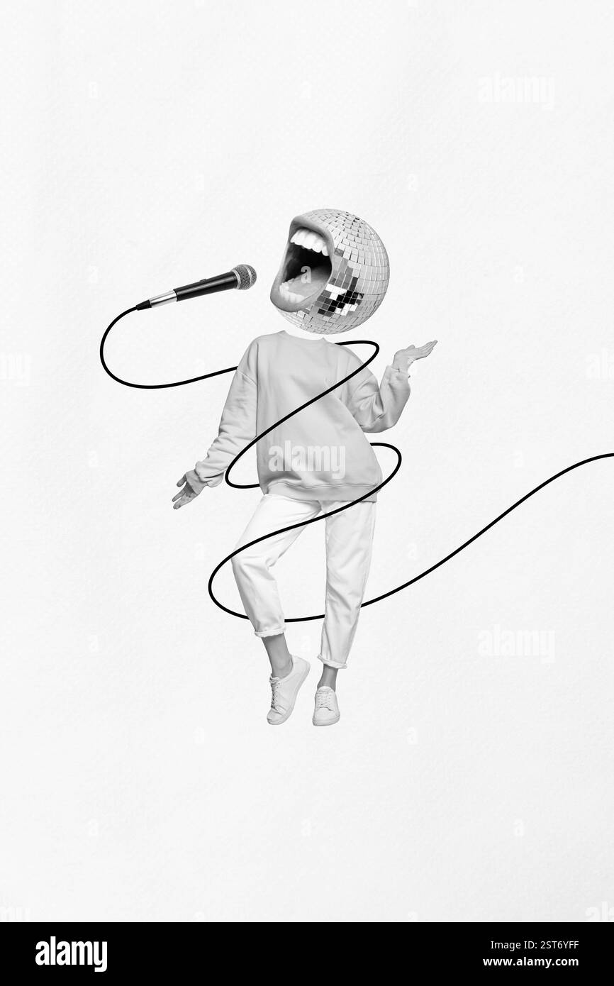 Vertical collage image of dancing singing person disco ball talking ...