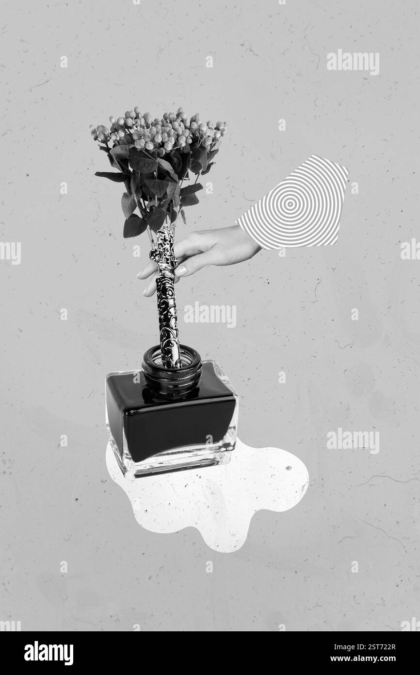 Collage 3d image of pinup pop retro sketch of woman hand use flower ...